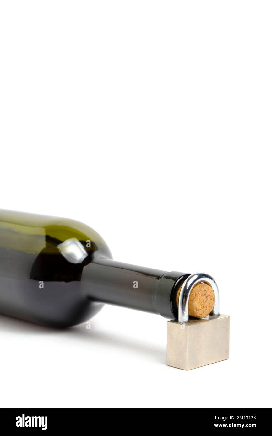 Bottle wine and lock on neck, white background, concept of ban on ...