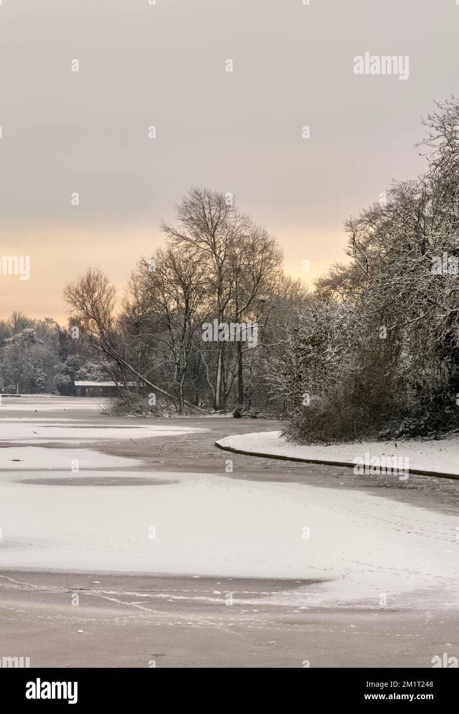 Verulamium Park St. Albans showing the frozen lake and beautiful snow ...