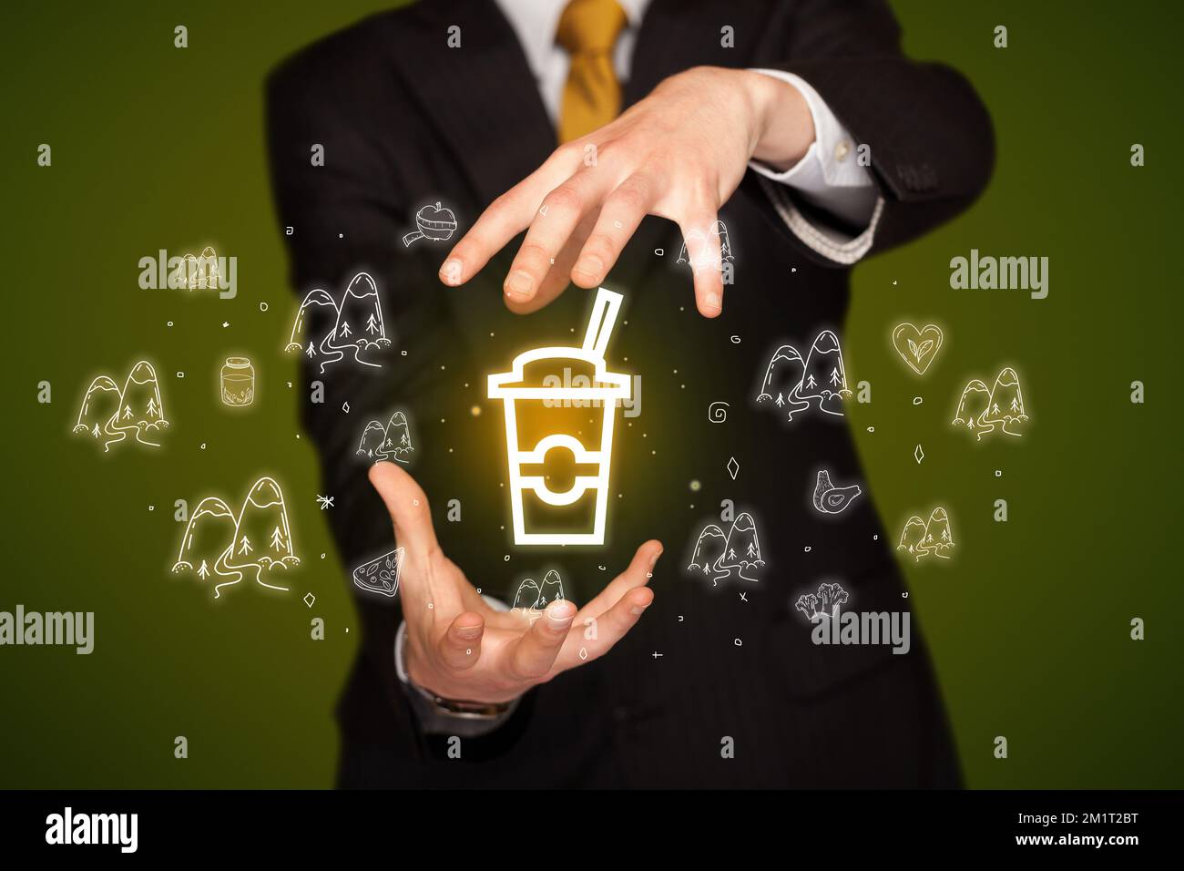 Hand holding food related icons Stock Photo - Alamy