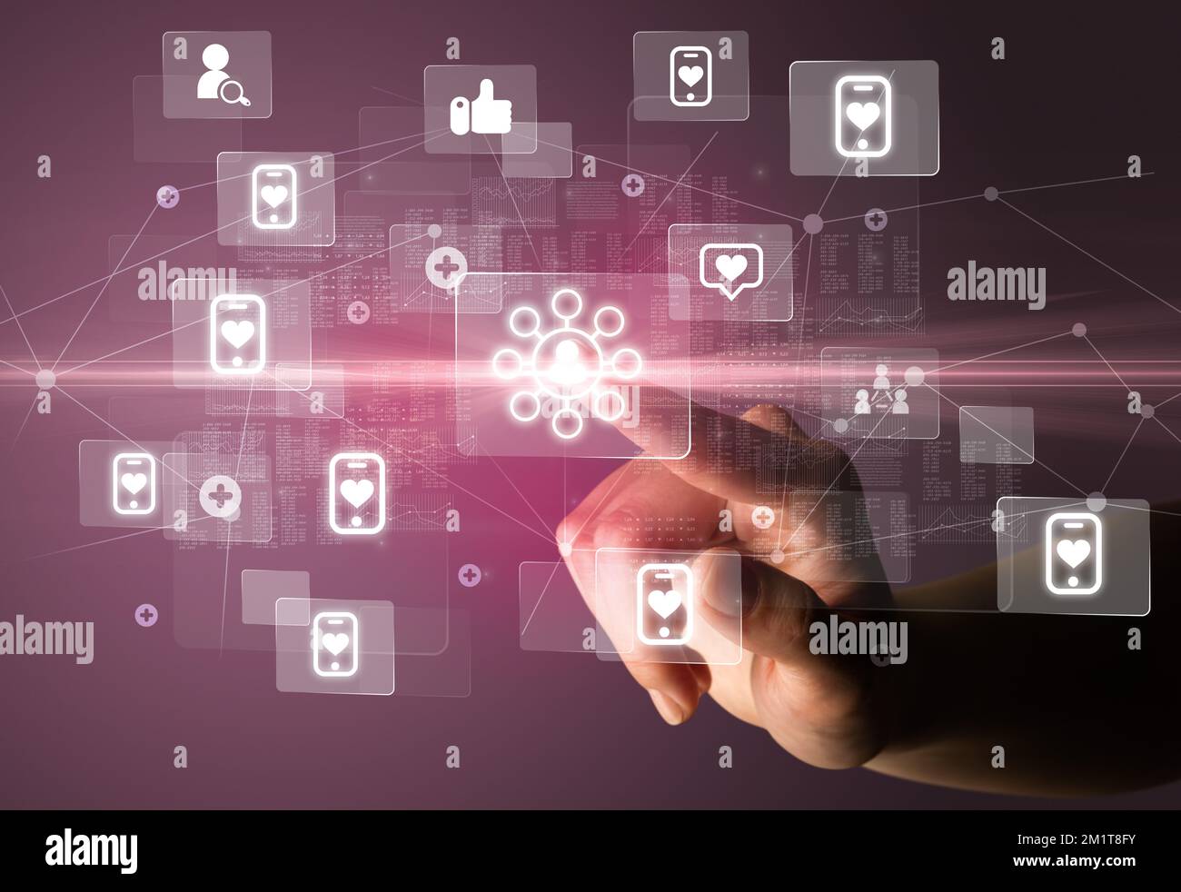 Hand pressing social media multimedia application screen with media ...