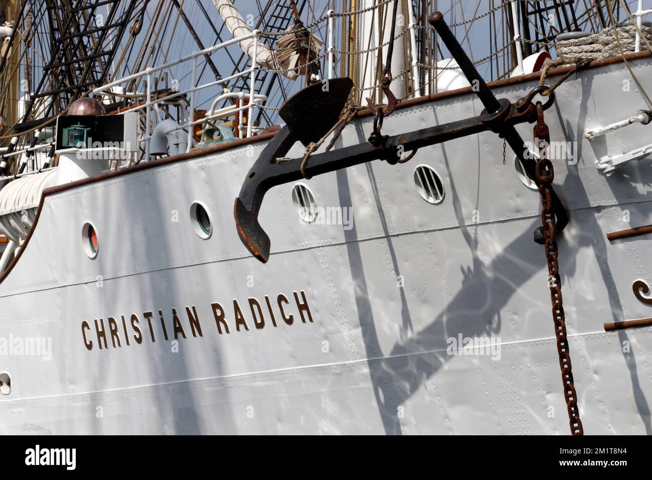 Norwegian tall ship Christian Radich starboard anchor Stock Photo - Alamy