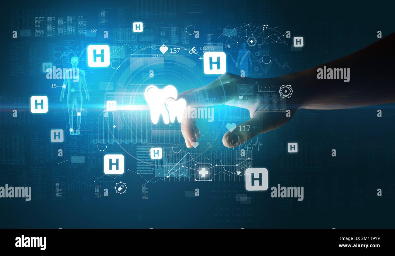 Doctor hand pressing futuristic health device with medical symbol on screen Stock Photo - Alamy