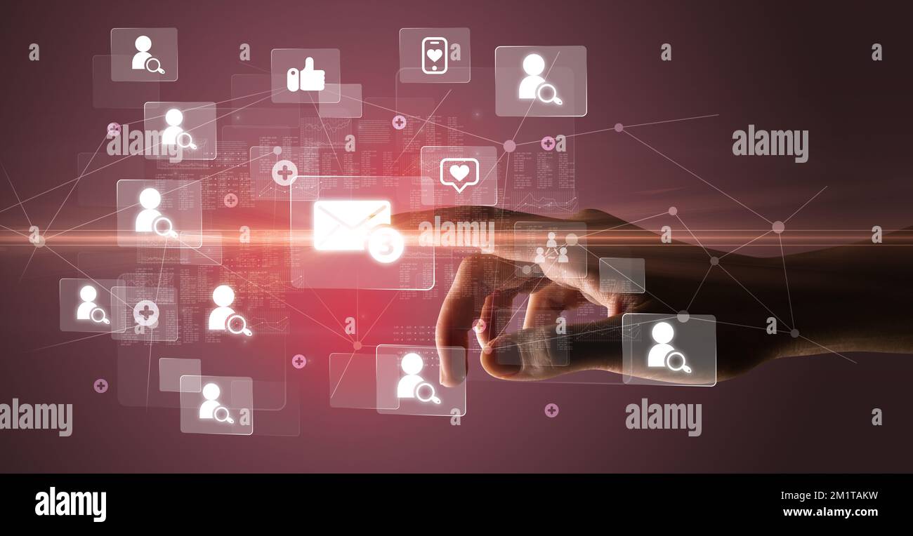 Hand pressing social media multimedia application screen with media ...