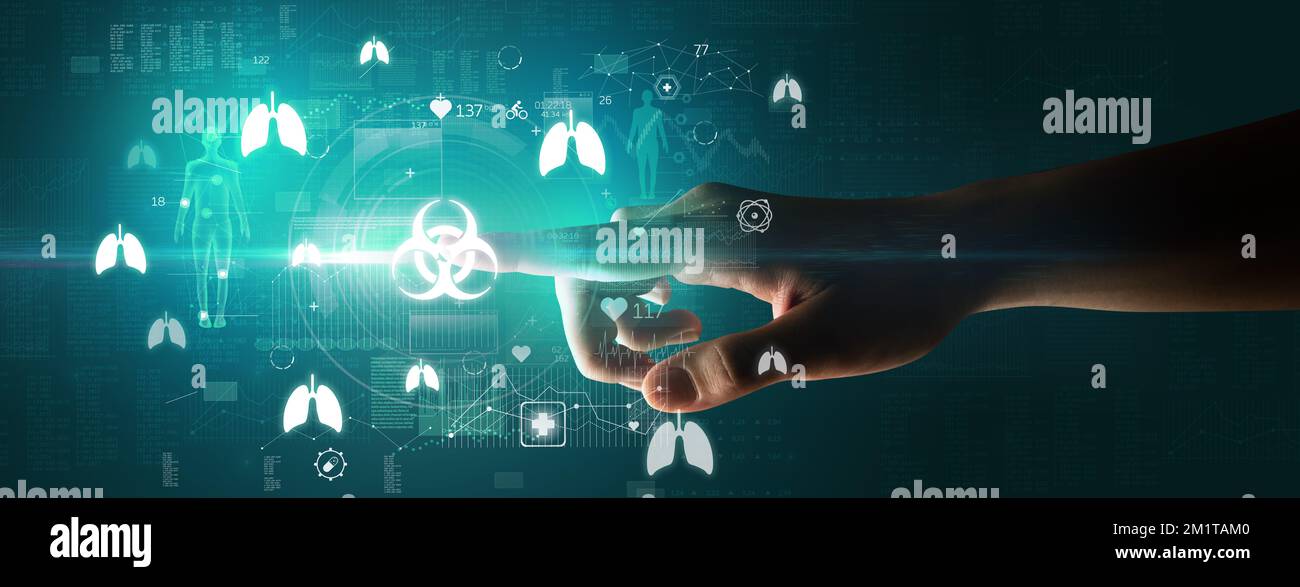 Doctor hand pressing futuristic health device with medical symbol on screen Stock Photo - Alamy