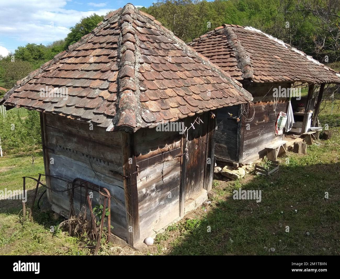 The high-angle view of ethnic Serbian houses in the countryside Stock ...