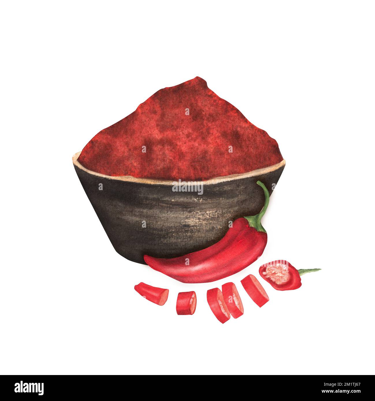 Hand-drawn watercolor paprika pepper. Pepper powder and slices. This is ...