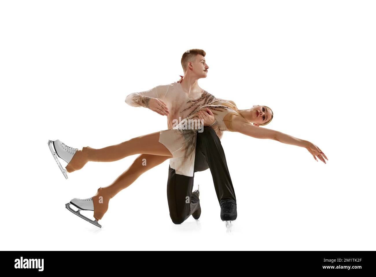 Portrait of young man and woman, figure skating athletes performing ...