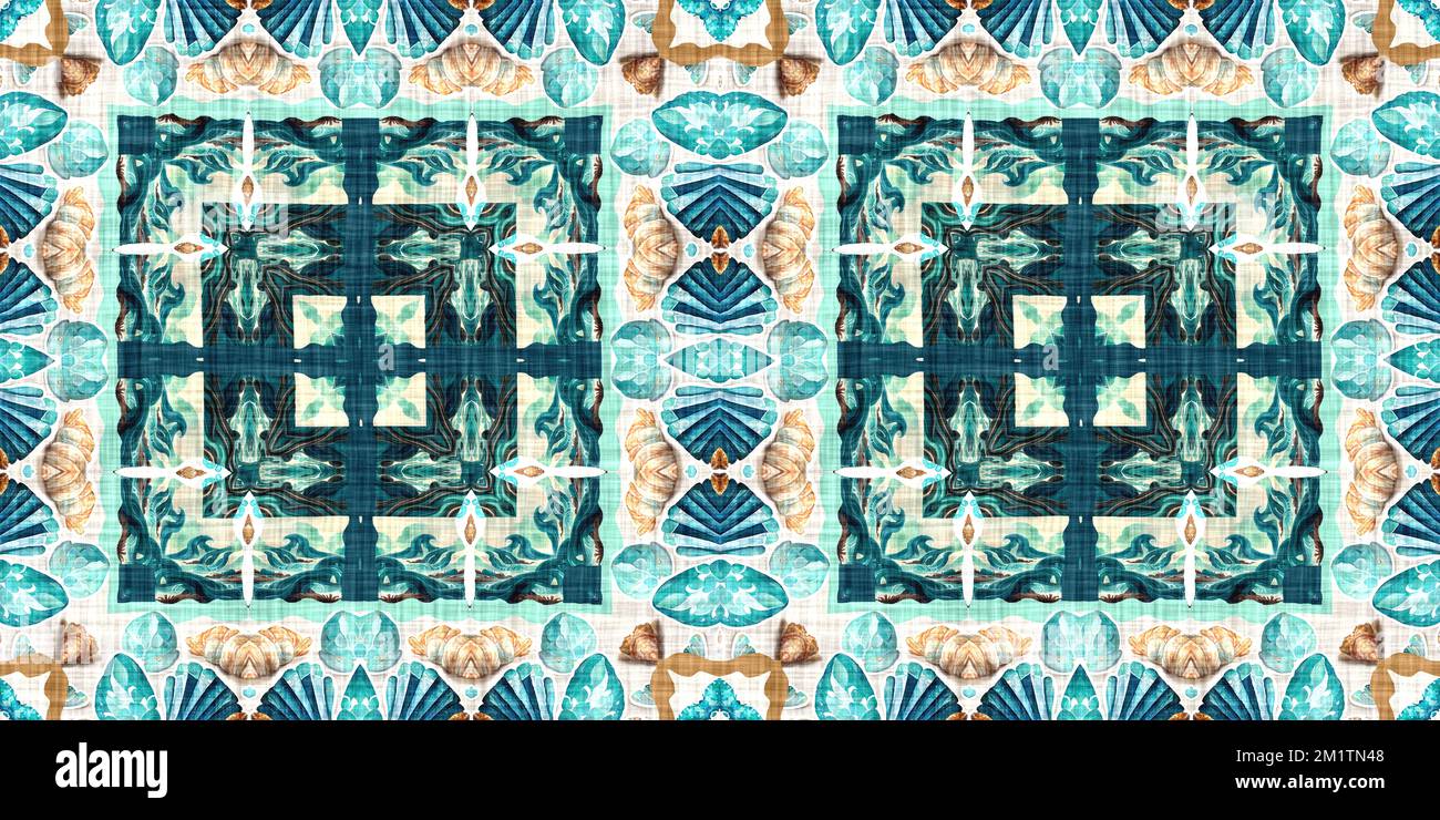 Teal beach house border in coastal style patchwork pattern. Modern ...