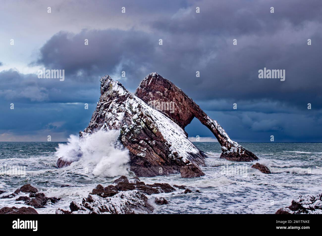 Bow Fiddle Rock Portknockie Moray Coast Scotland dark clouds strong ...
