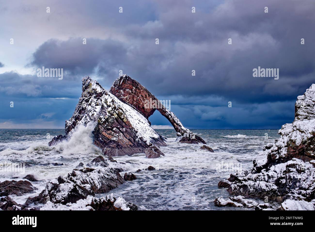 Bow Fiddle Rock Portknockie Moray Coast Scotland dark clouds strong ...