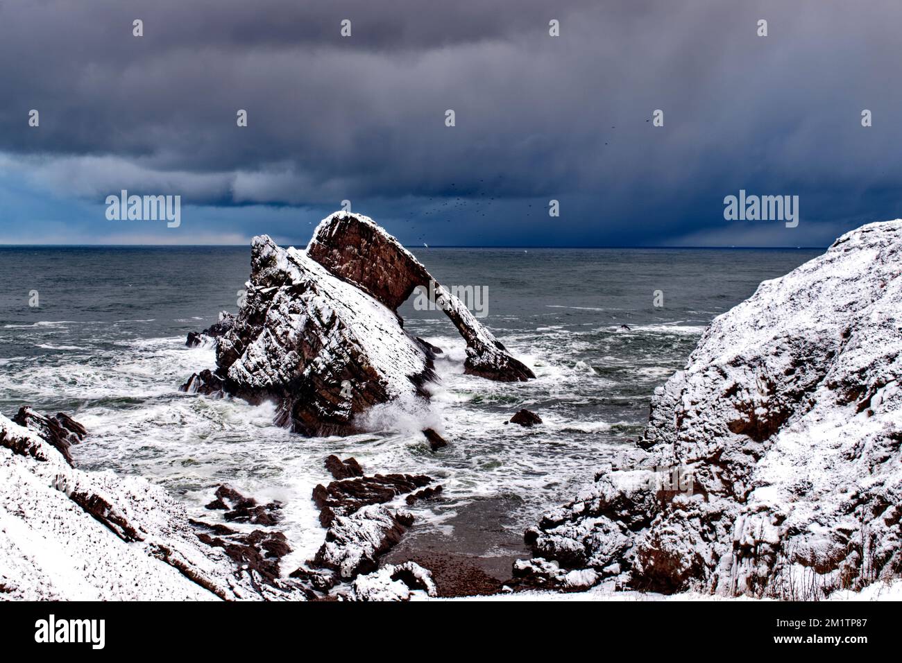 Bow Fiddle Rock Portknockie Moray Coast Scotland fresh fall of snow and ...