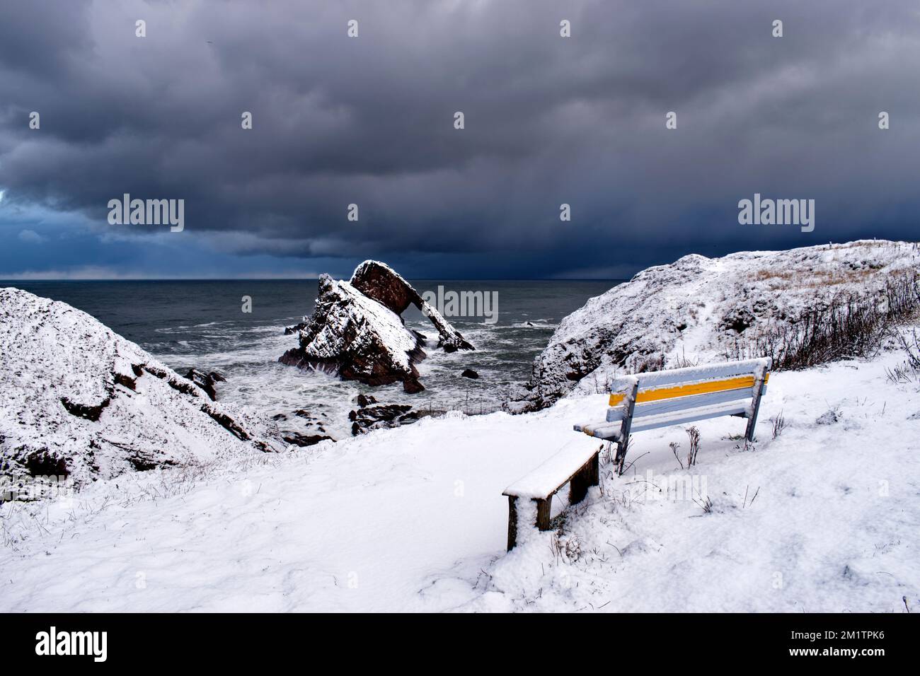 Bow Fiddle Rock Portknockie Moray Coast Scotland fresh fall of snow on ...