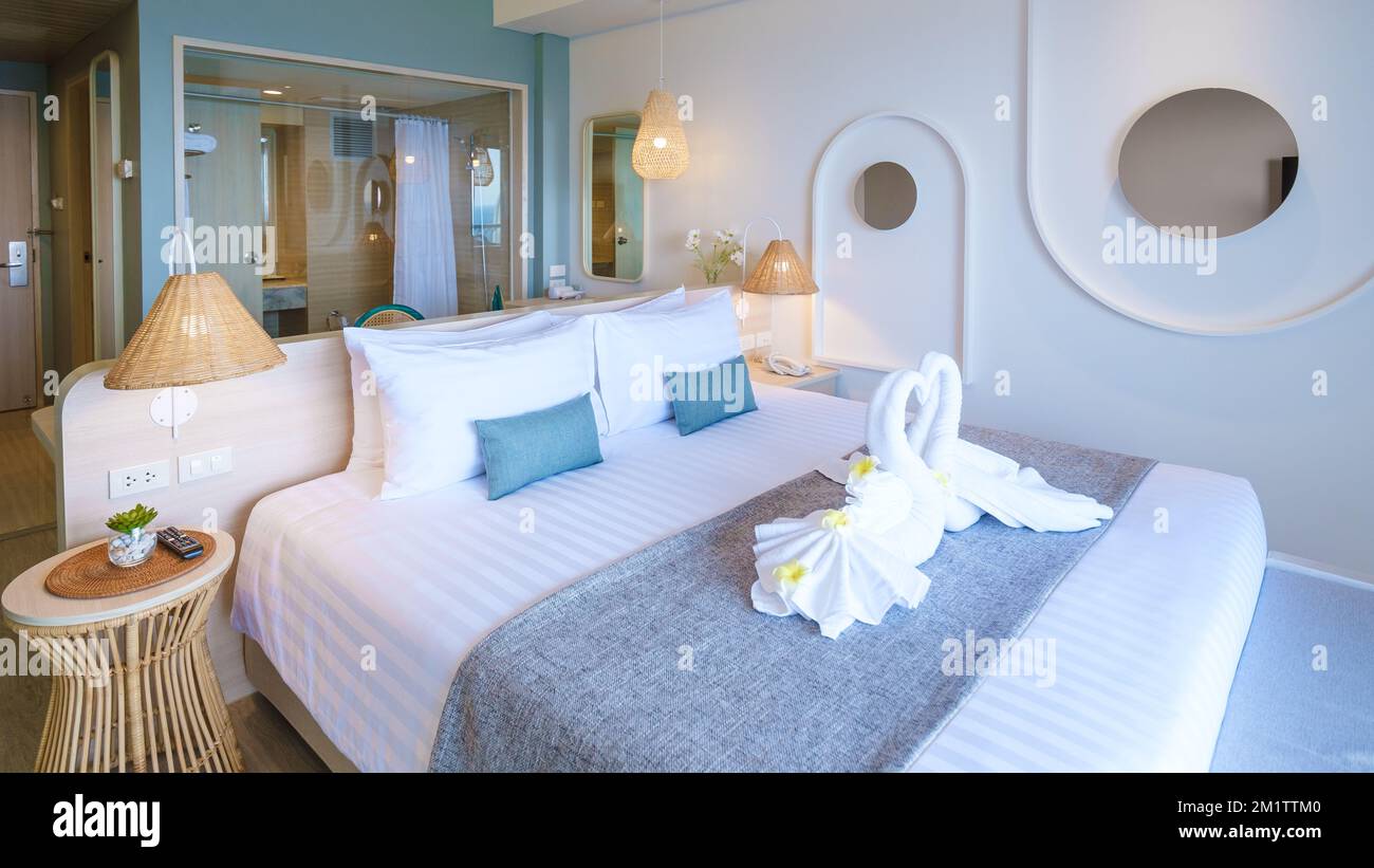 A hotel room with bright fresh colors in Bali style, minimal style ...