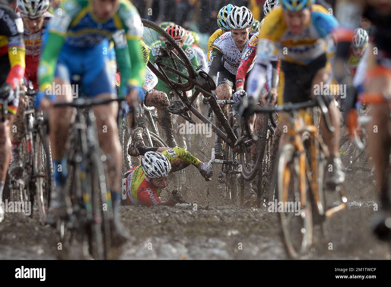 20140209 - HOOGSTRATEN, BELGIUM: German Marcel Meisen falls during the ...