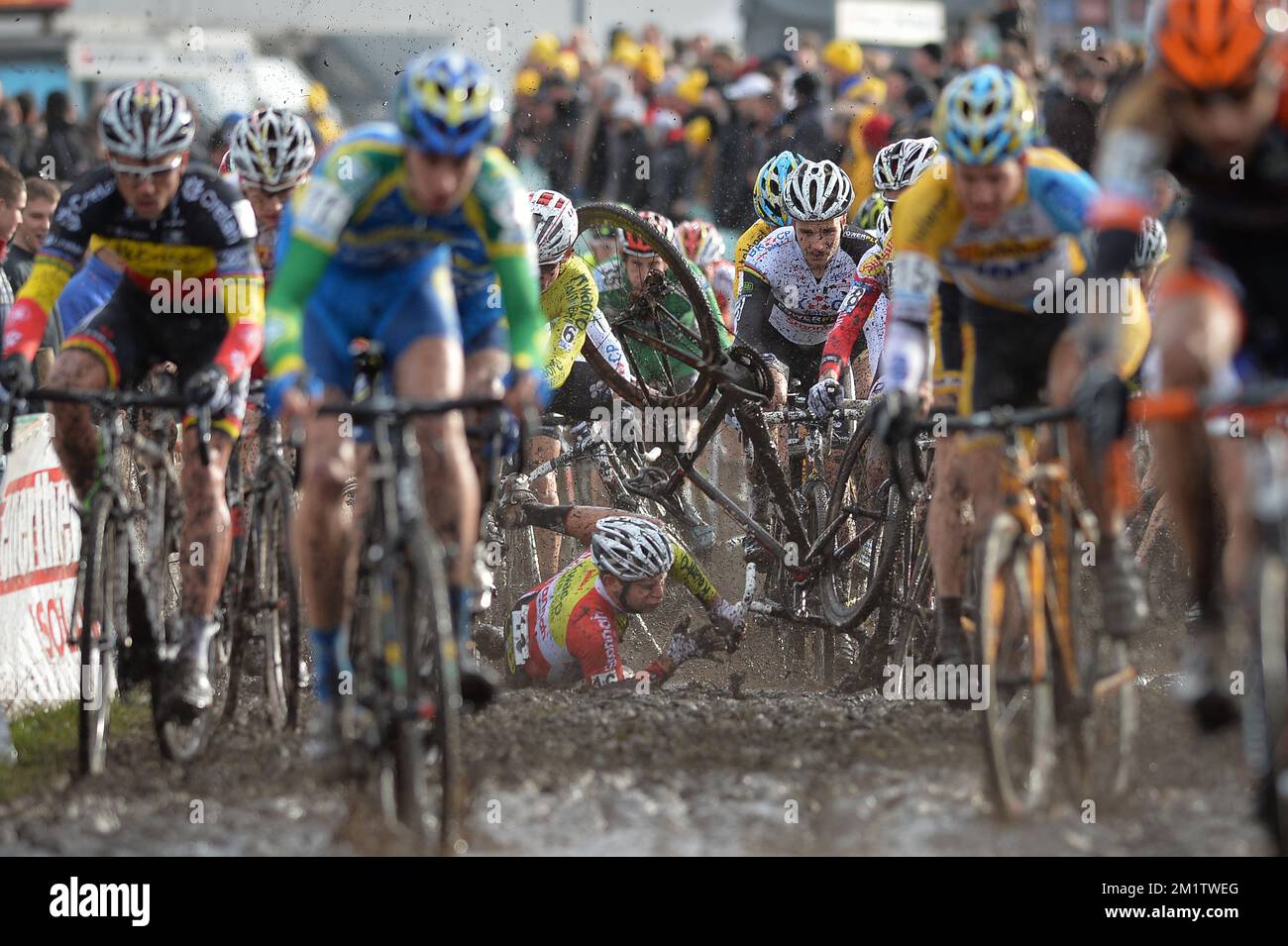 20140209 - HOOGSTRATEN, BELGIUM: German Marcel Meisen falls during the ...