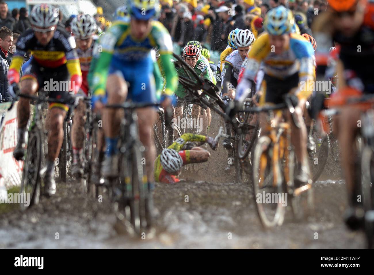 20140209 - HOOGSTRATEN, BELGIUM: German Marcel Meisen falls during the ...