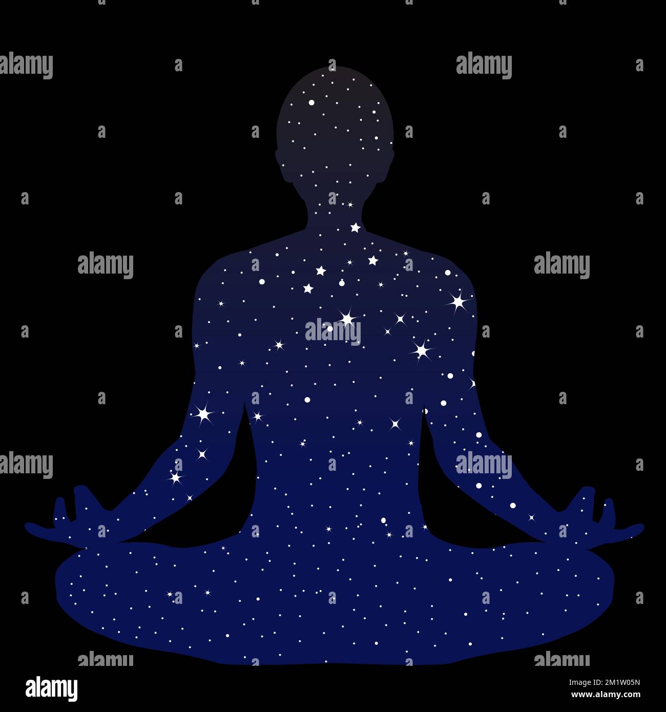 Man sits in a lotus position and meditates with pattern made of night ...