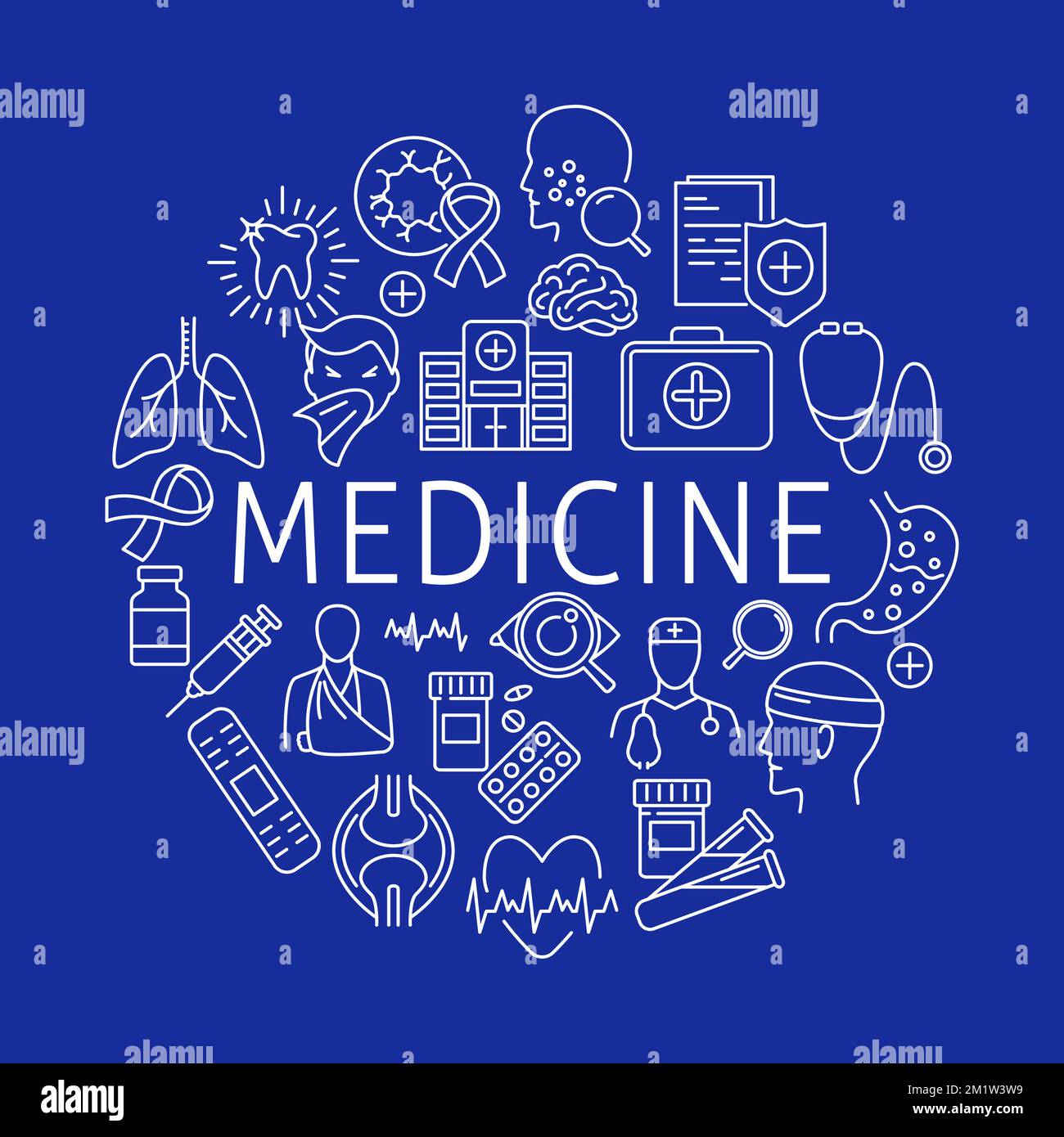 Medicine round poster in line style. Medical and healthcare symbols ...