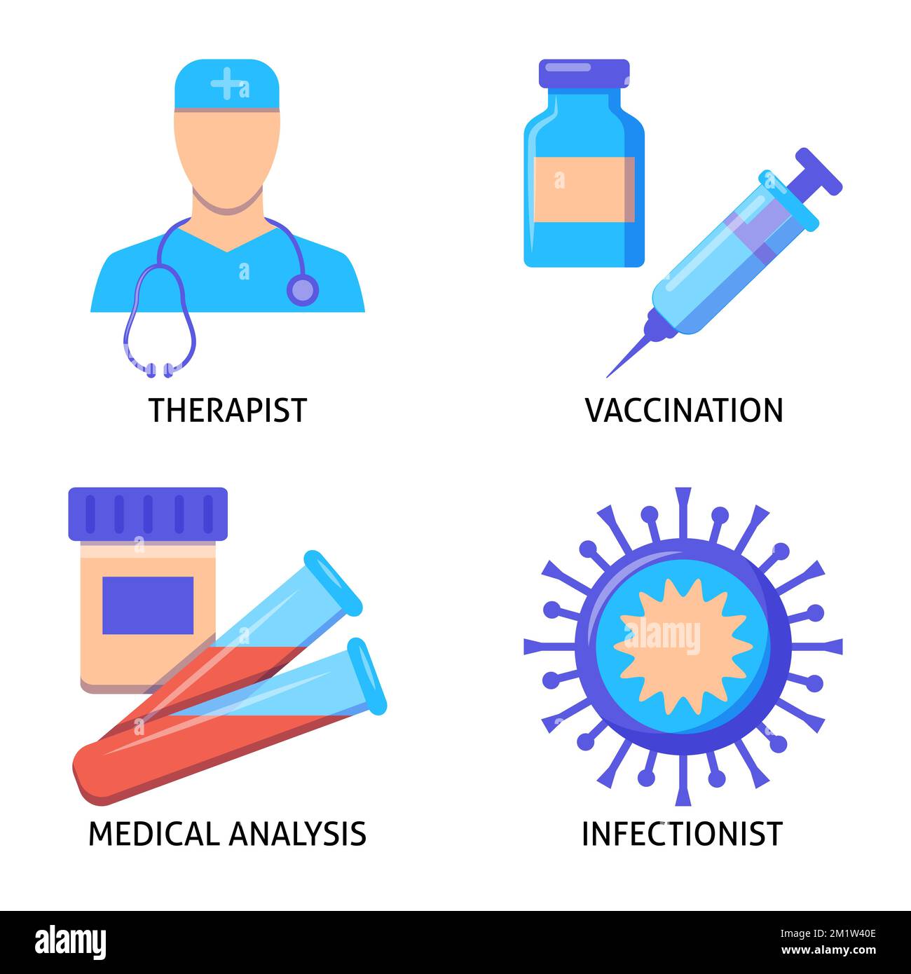 Vaccination and infections icon set in flat style. Doctor, medical ...