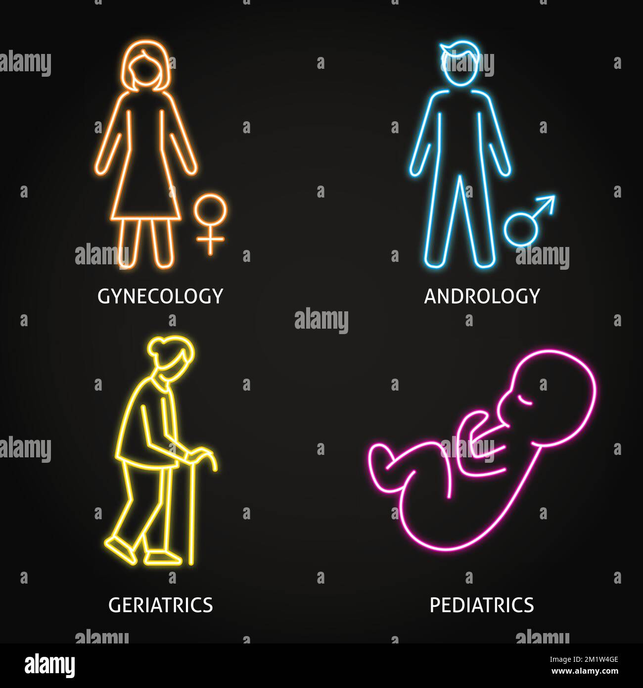 Medical specialty care neon icon set. Gynecology, andrology, geriatrics ...