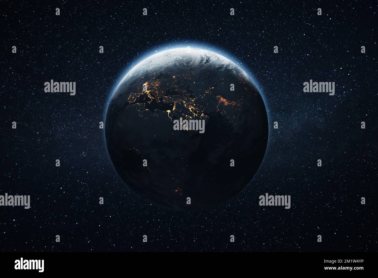 Amazing blue planet earth with lights of night cities in Europe, Africa ...