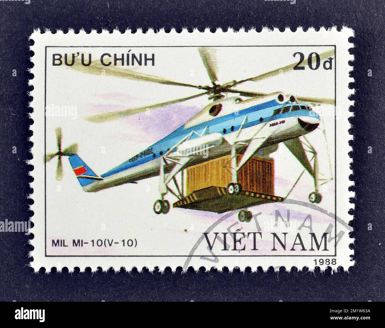 Cancelled postage stamp printed by Vietnam, that shows Helicopter Mil ...