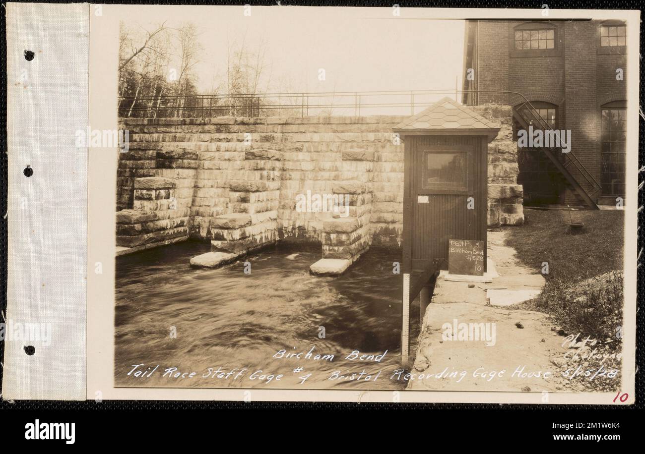 Bircham Bend, tailrace staff gage, Bristol recording gage house ...