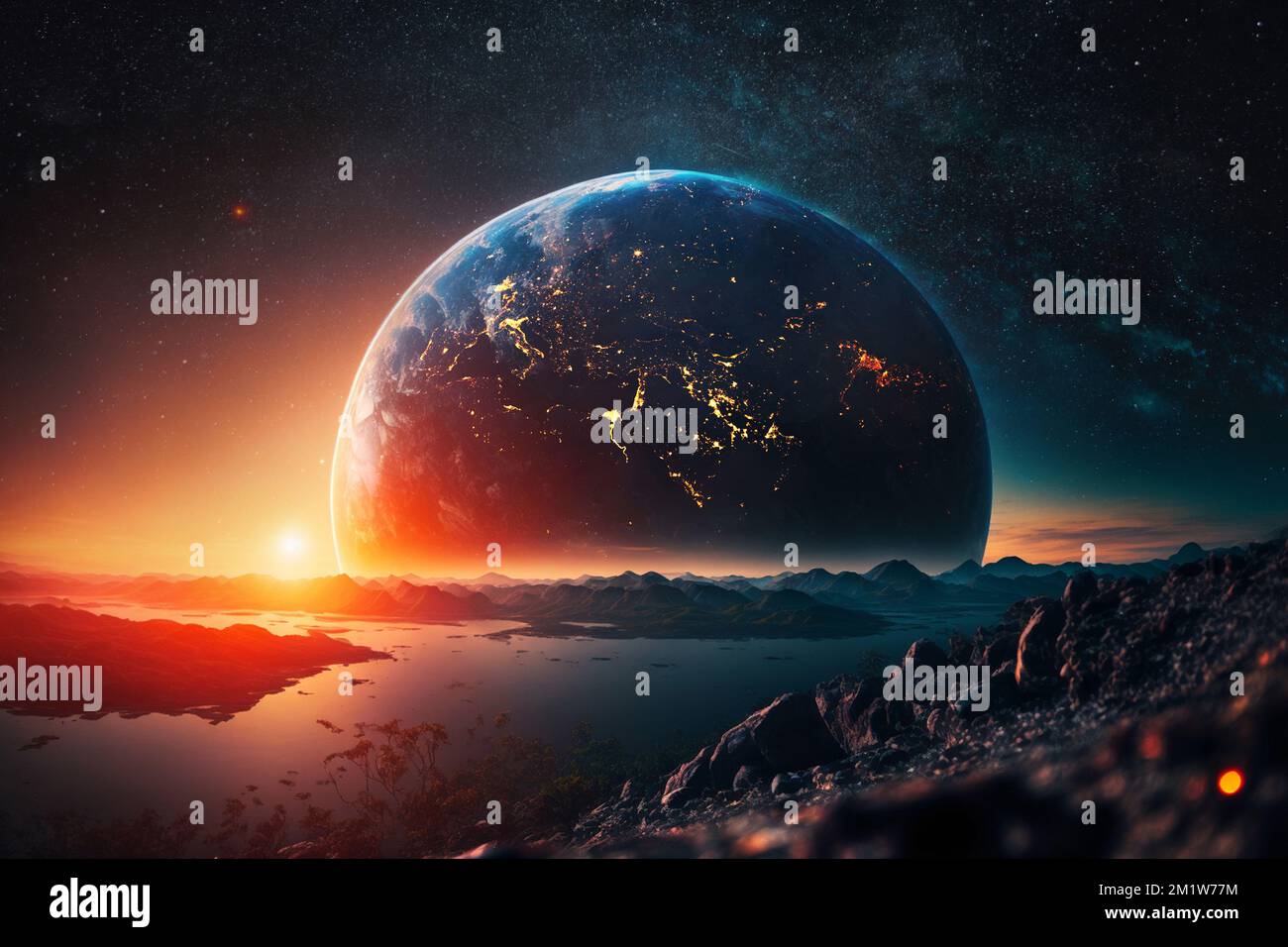 Amazing space planet Mars landscape with mountains and water at sunset ...