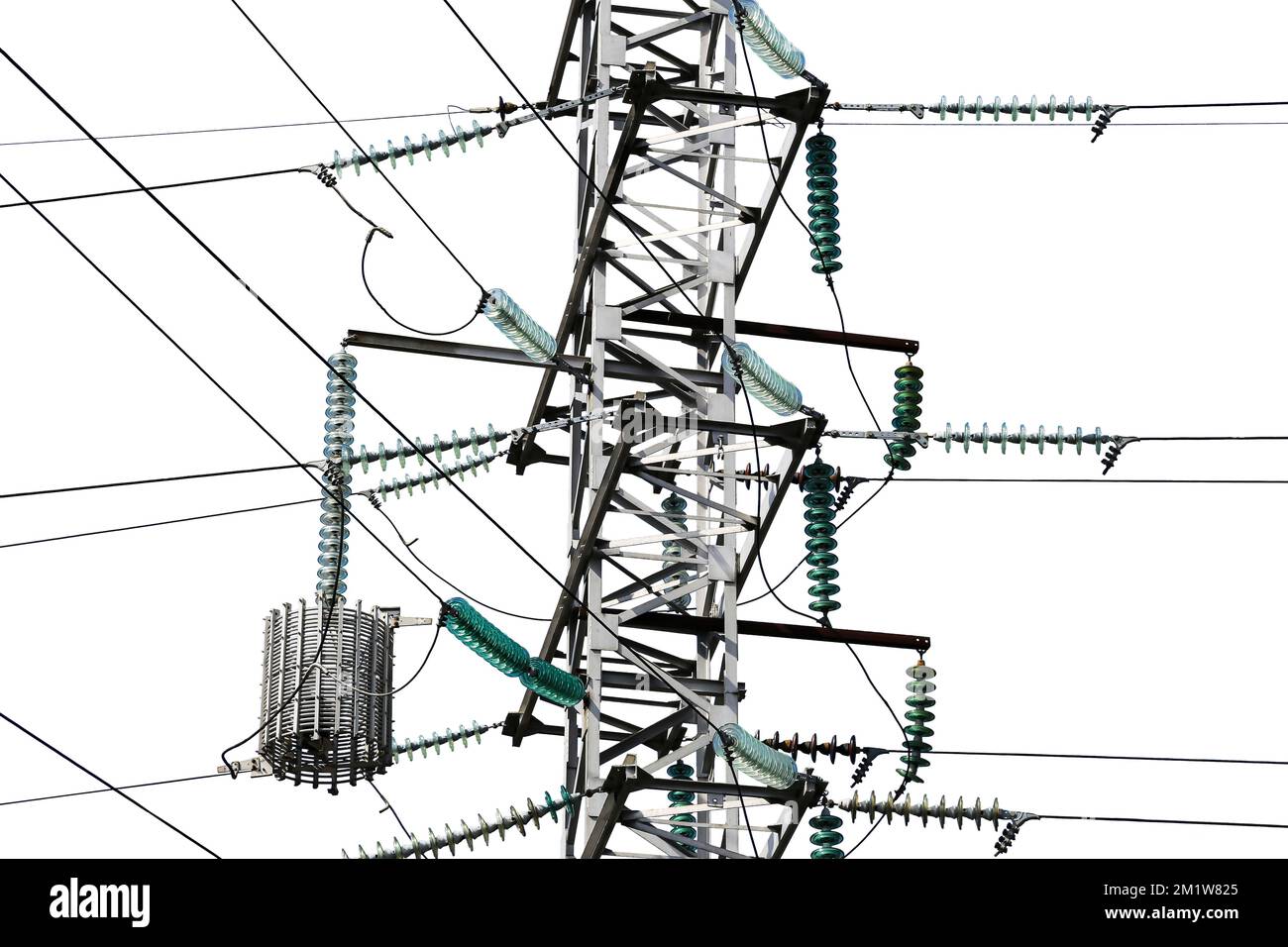 Electricity pylon (high voltage power line) isolated, on a white ...
