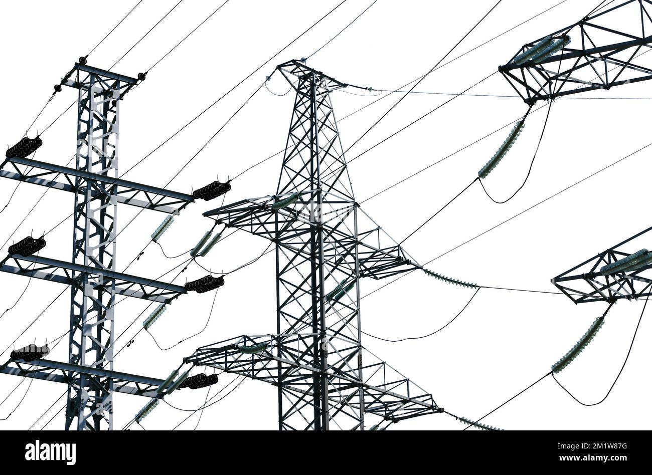 Electricity pylon (high voltage power line) isolated, on a white ...