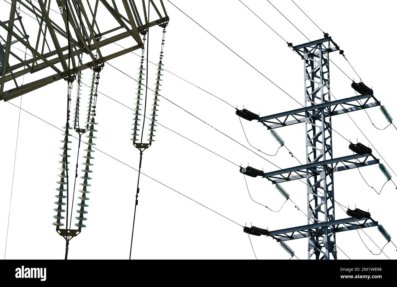 Electricity pylon (high voltage power line) isolated, on a white ...