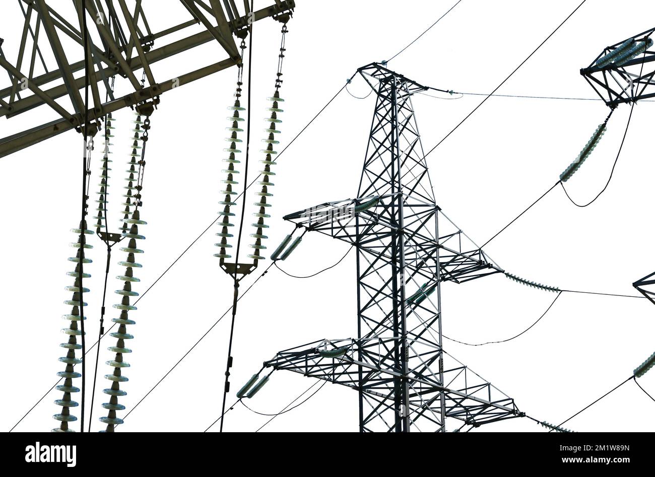 Electricity pylon (high voltage power line) isolated, on a white ...