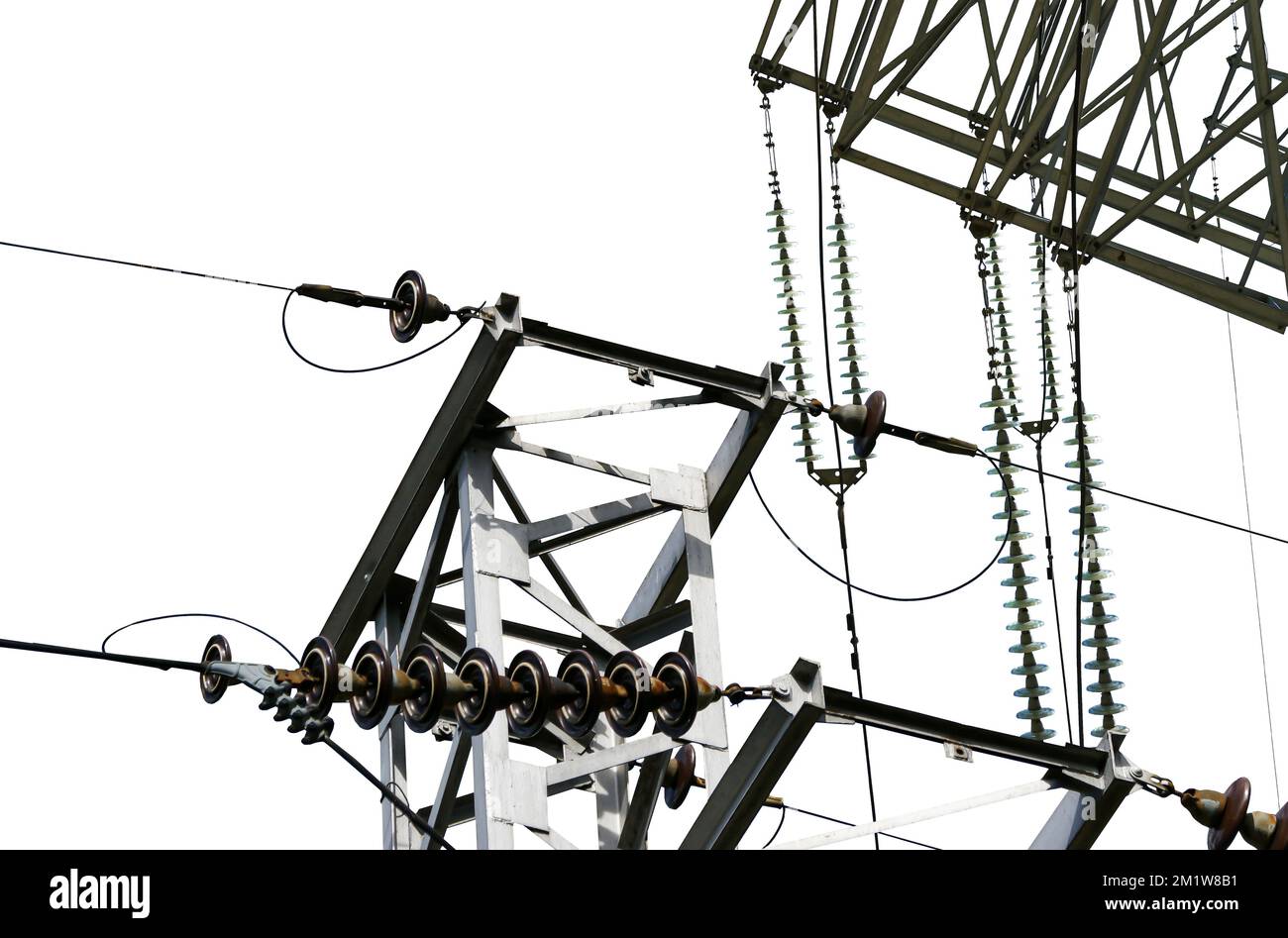 Electricity pylon (high voltage power line) isolated, on a white ...