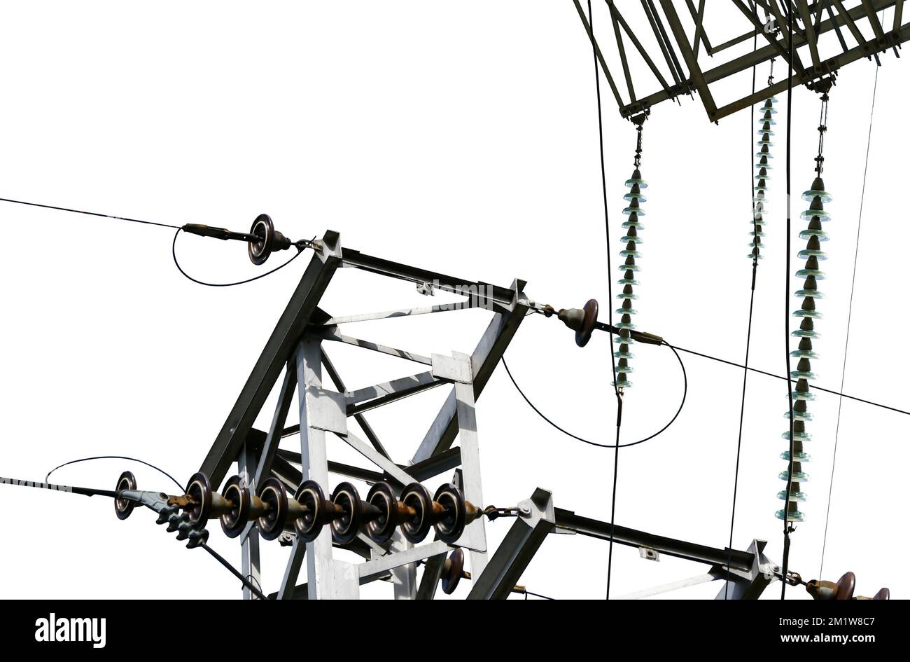 Electricity pylon (high voltage power line) isolated, on a white ...