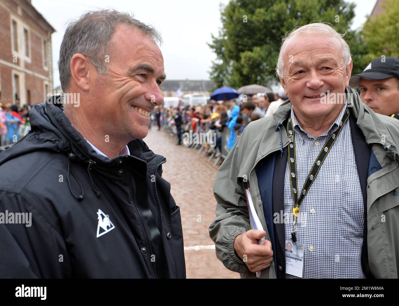 Bernard Hinault and Jean-Marie Leblanc pictured at the start of stage 6 ...