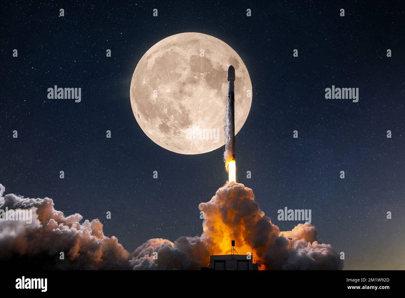 Space rocket with a blast and puffs of smoke lift off successfully into ...