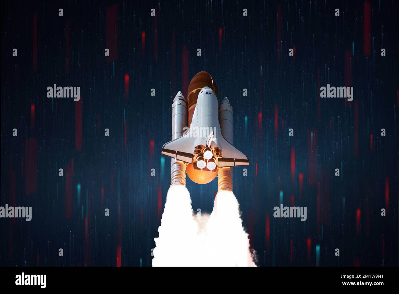 Space shuttle rocket with a blast launch and lift off into space with ...