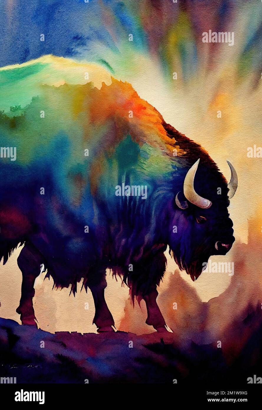 illustration of watercolor bison, abstract color background. Digital ...