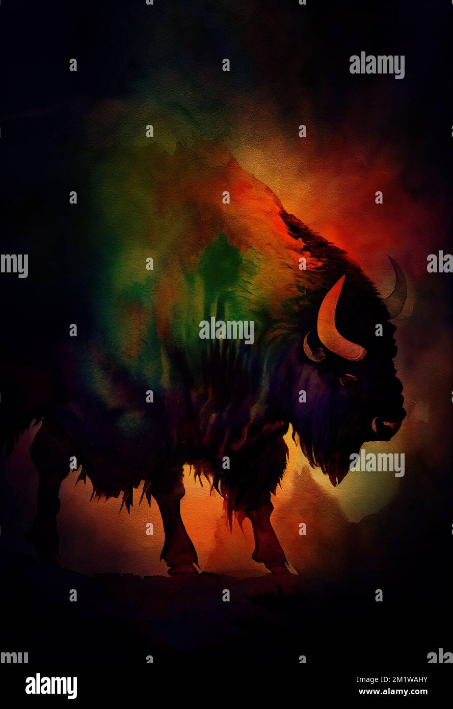 illustration of watercolor bison, abstract color background. Digital ...