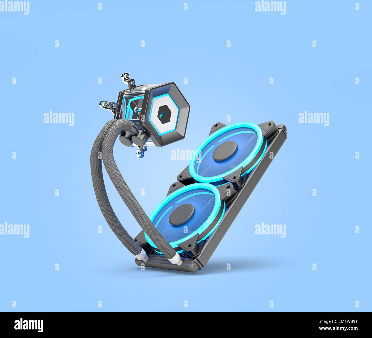 high performance Desktop PC and Cooling system 3d render on blue Stock ...