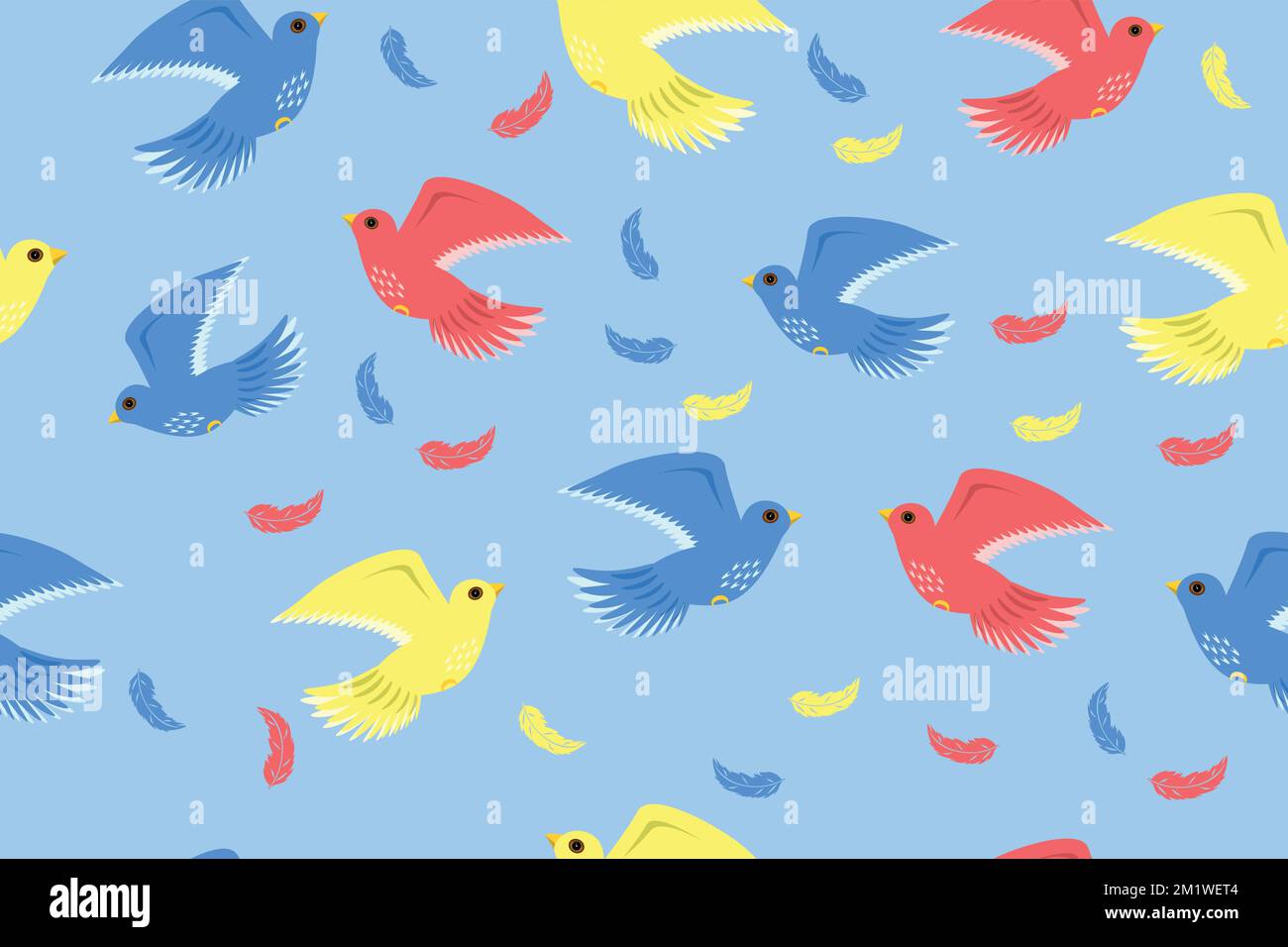 Seamless pattern birds of different colors on a light blue background ...