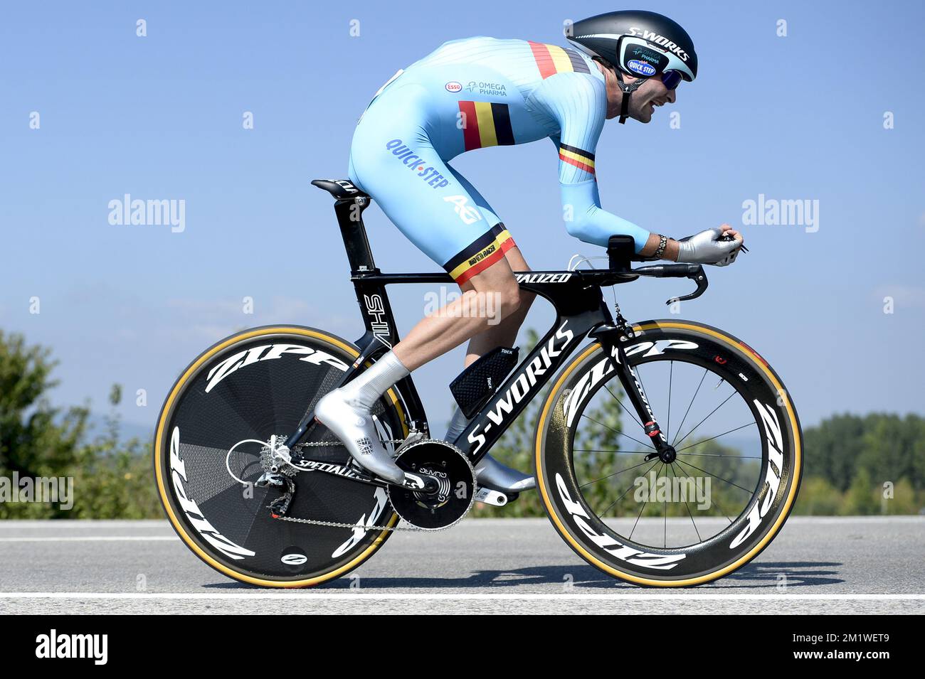 Belgian Pieter Serry pictured in action during the men's elite individual time trial race at the ...