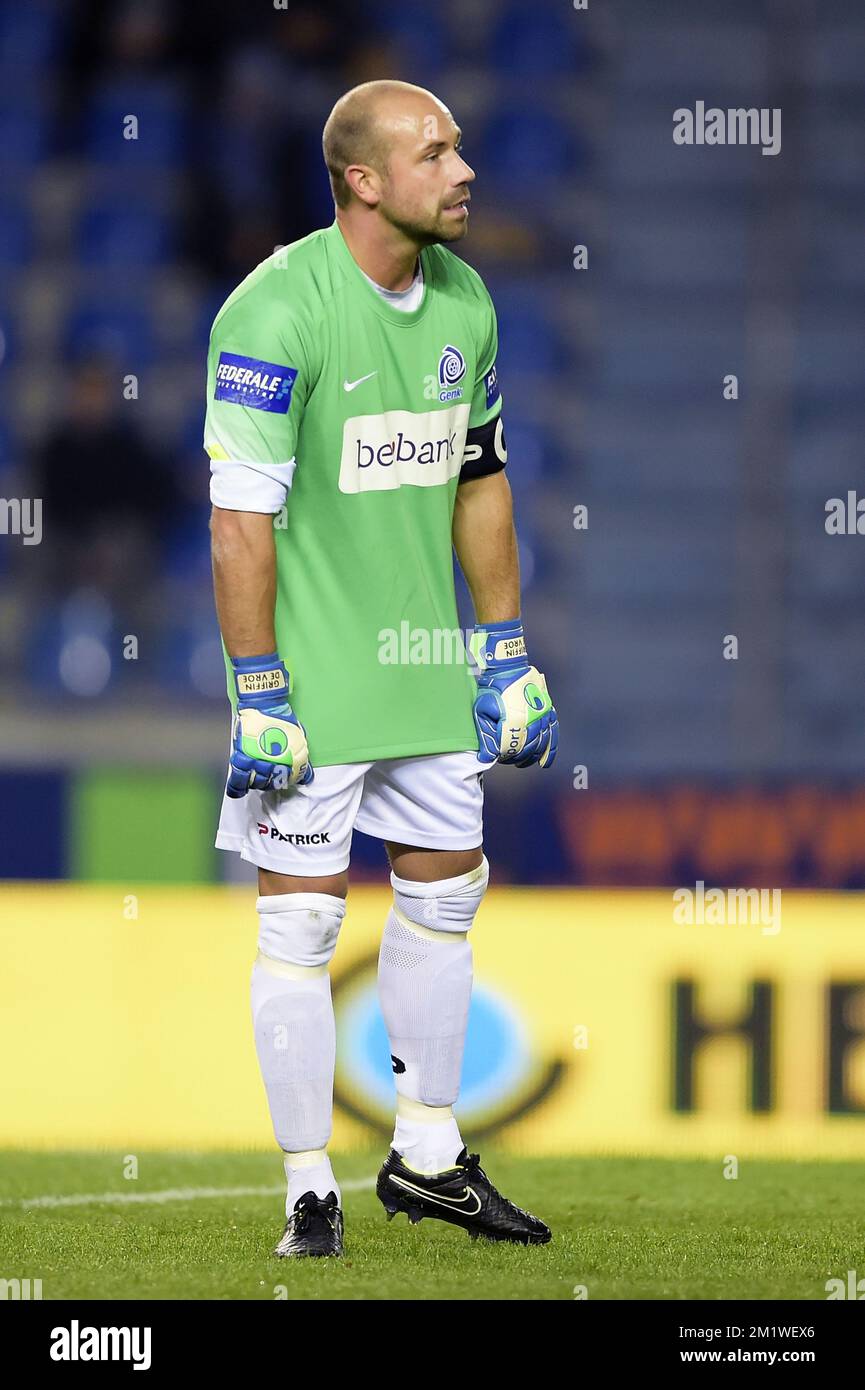 Racing's goalkeeper Griffin De Vroe wears a Genk's shirt during a ...