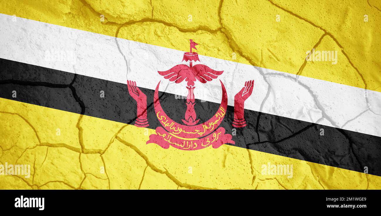 Flag of Brunei. Bruneian symbol. Flag on the background of dry cracked ...