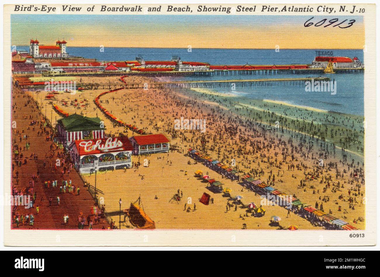 Bird's-eye view of boardwalk and beach, showing Steel Pier, Atlantic ...