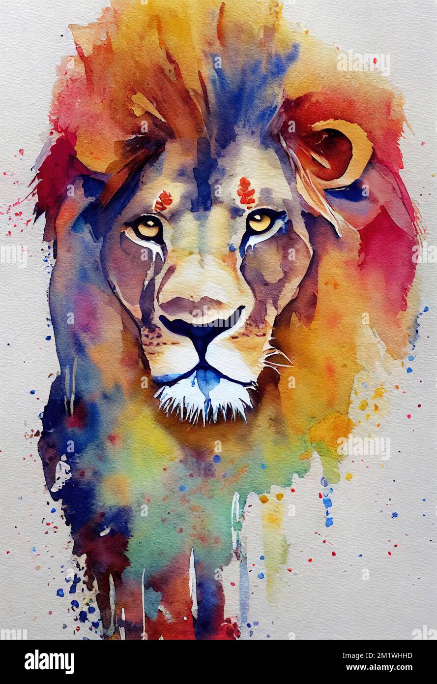 illustration of watercolor lion, abstract color background, eye contact ...