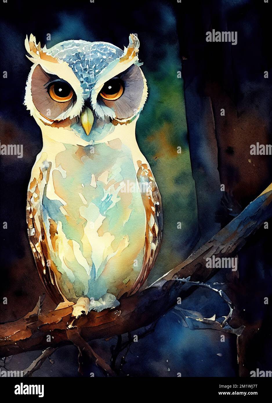 illustration of watercolor owl, abstract color background, eye contact ...