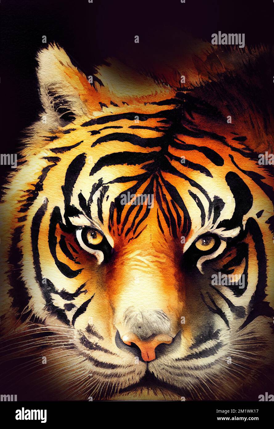 illustration of watercolor tiger, abstract color background, eye ...