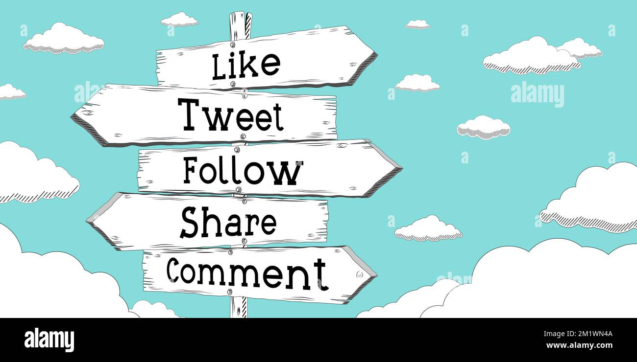 Like, tweet, follow, share, comment - outline signpost with five arrows ...