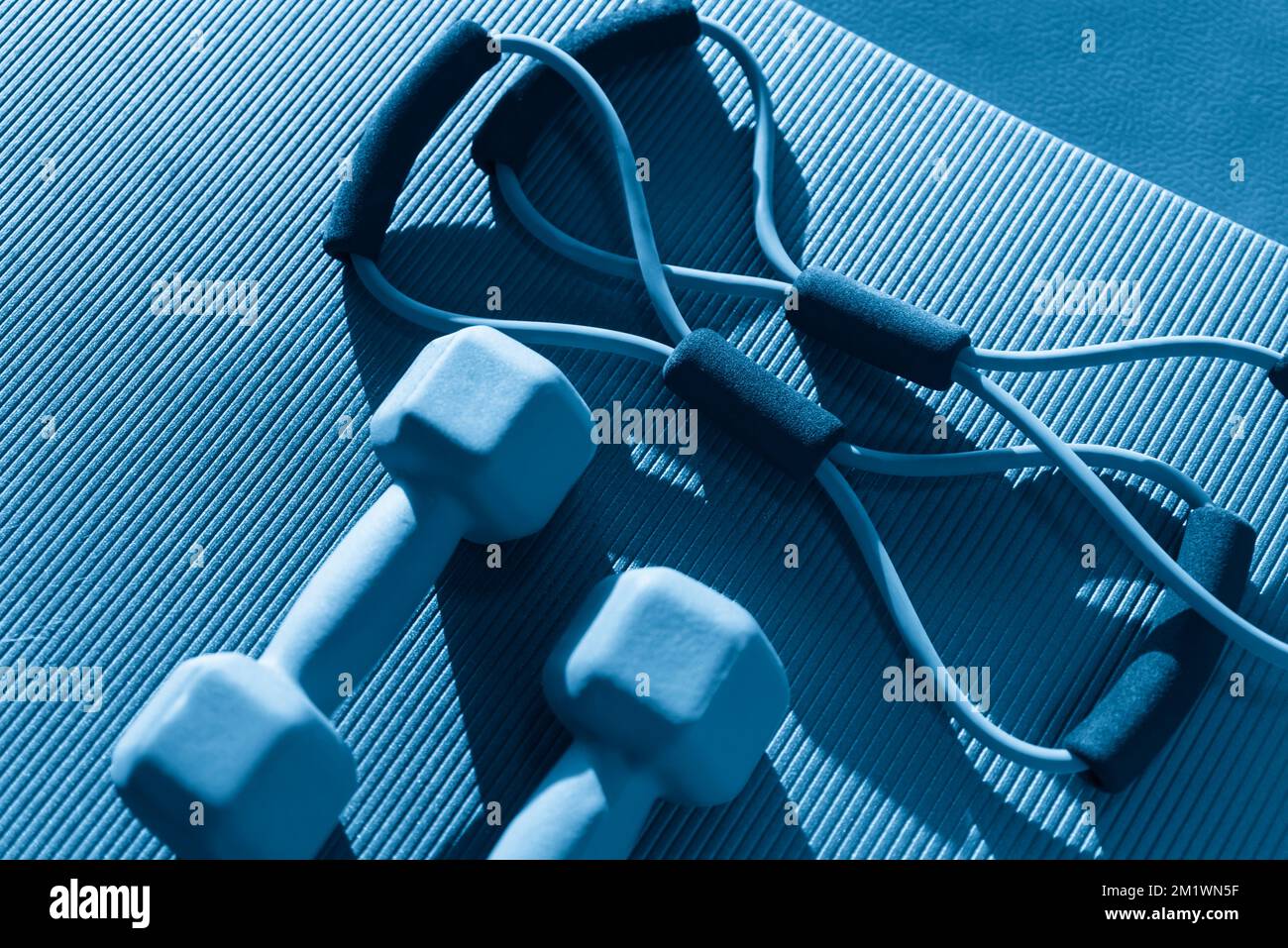 Fitness concept with expander and two dumbbells in fitness club Stock ...